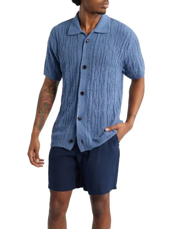 Oas Zefi Salamanca Texture Knit Short Sleeve Button-up Shirt - Blue