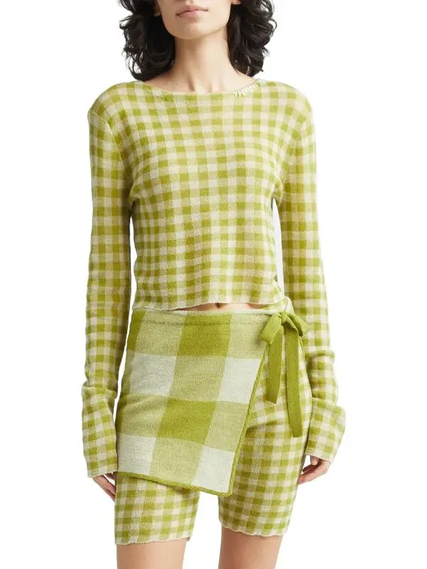 YANYAN Gingham Check Wool Boatneck Sweater - Sprout