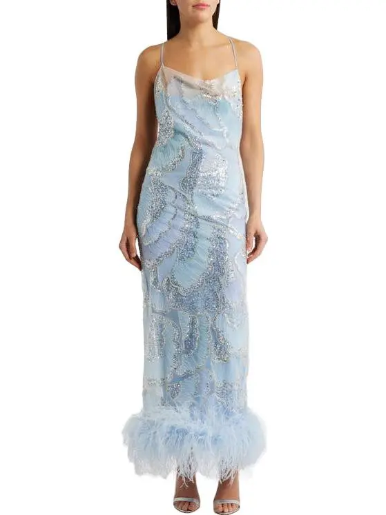 DELFI COLLECTIVE Sequin And Feather Hem Gown - Baby Blue