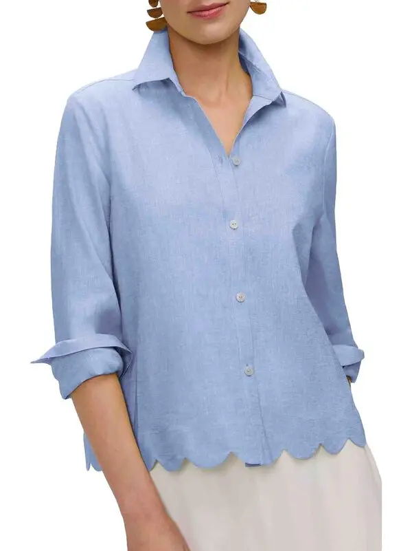 Foxcroft Scallop Hem Linen Blend Shirt - Powder Blue