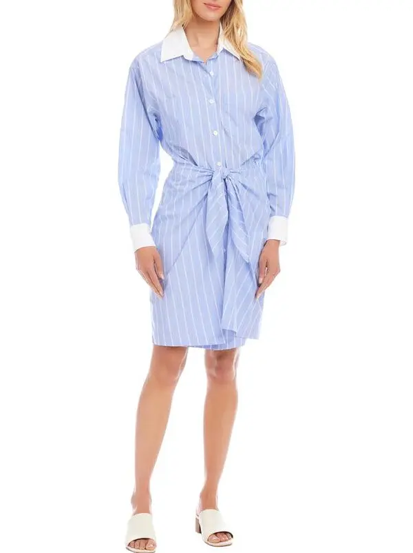 Karen Kane Stripe Cotton Faux Wrap Shirtdress - Blue/white
