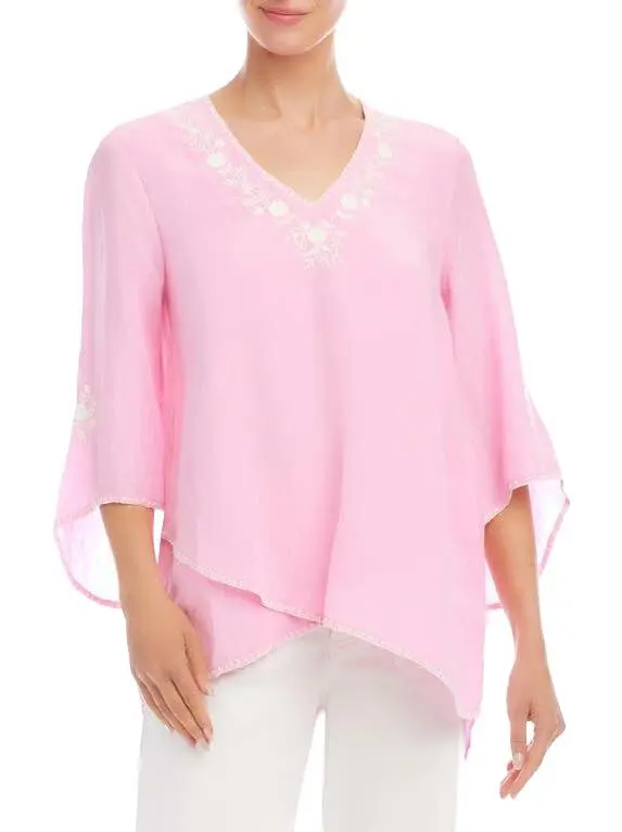 Karen Kane Embroidered Asymmetric Hem Linen Blend Top - Pink