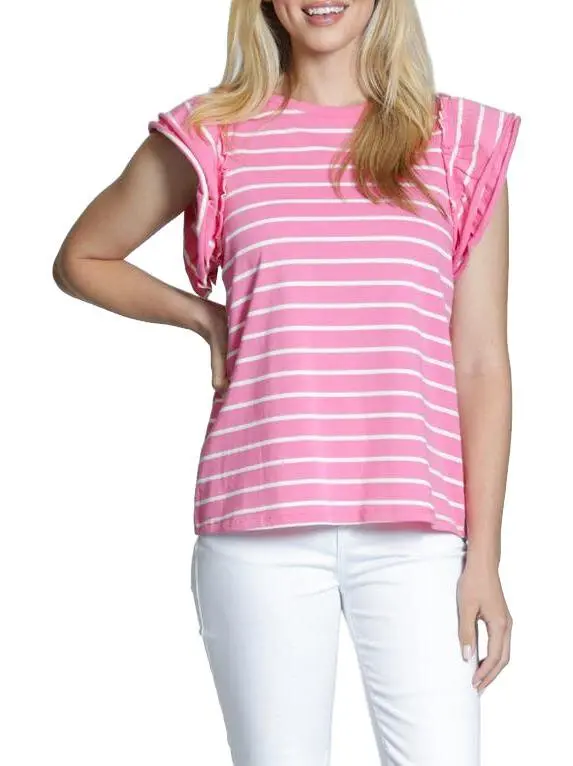 APNY Stripe Ruffle Cap-sleeve T-shirt - Pink/white Stripe
