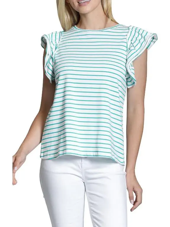 APNY Stripe Ruffle Cap-sleeve T-shirt - White/jade Stripe