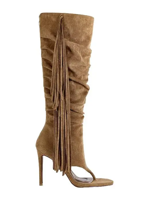 AZALEA WANG Fringe Stiletto Sandal Boots - Tan