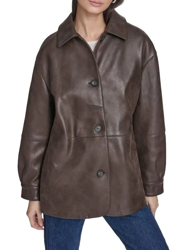 LEVI'S Water Resistant Faux Leather Longline Coat - Dark Brown Faux Suede