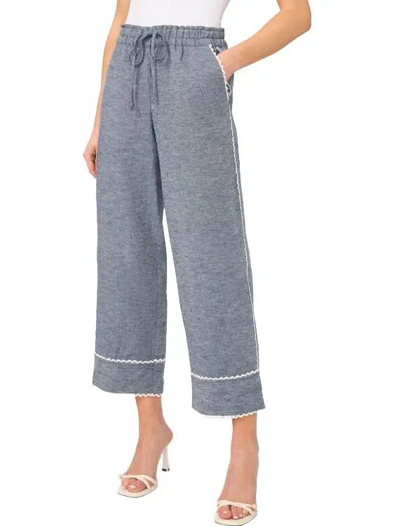 CECE DUPRAZ Lace Trimmed Cotton-linen Crop Pants - Med Indigo