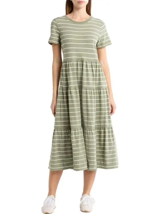 Marine Layer Luxe Stripe Sueded Cotton Tiered Midi Dress - Olive Stripe