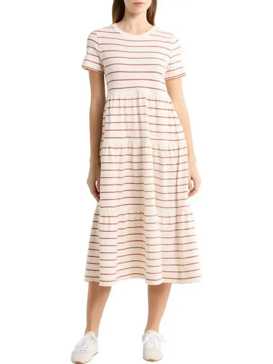 Marine Layer Luxe Stripe Tiered Sueded Cotton Dress - Withered Rose Stripe