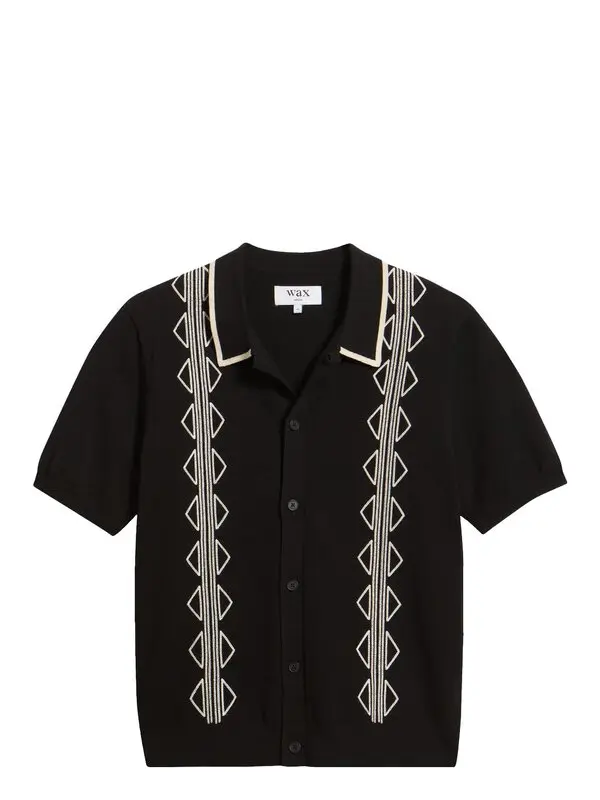 WAX LONDON Tellaro Short Sleeve Retro Embroidered Shirt - Black/ecru