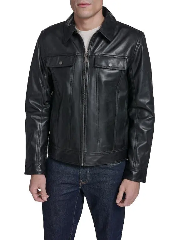 Cole Haan Leather Trucker Jacket - Black