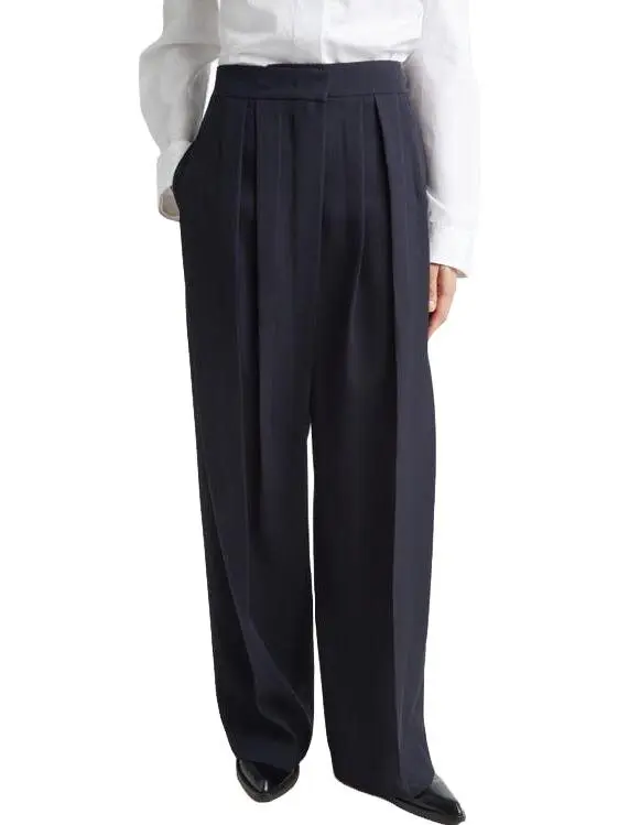 JIL SANDER Irregular Pleated Wool Gabardine Trousers - Navy
