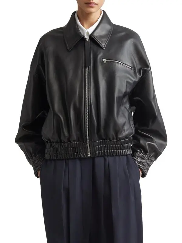 JIL SANDER Boxy Sheepskin Leather Zip Blouson Jacket - Black