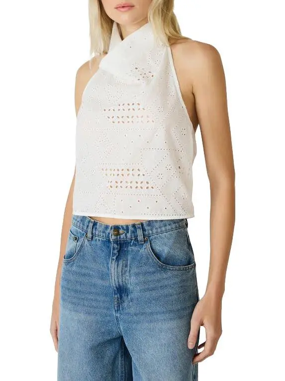 Steve Madden Lou Eyelet Embroidered Halter Top - Birch White