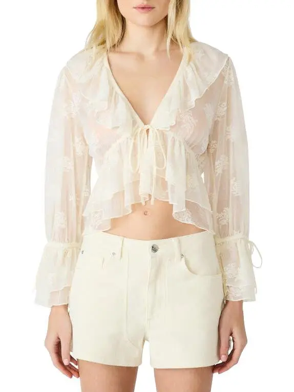 Steve Madden Floral Embroidery Ruffle Top - Antique