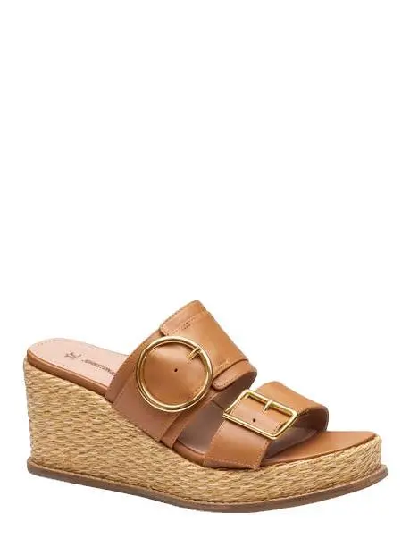 Johnston & Murphy Mallory Double Buckle Platform Wedge Sandal - Cognac Nappa Leather