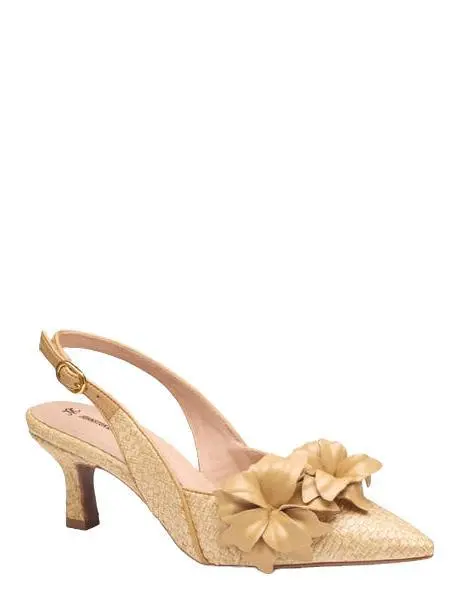 Johnston & Murphy Lindsey Flower Slingback Kitten Heel Pumps - Natural Raffia/kid Suede