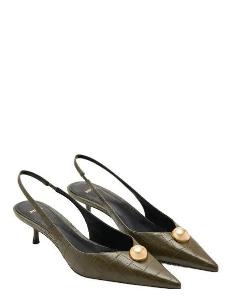 Mango Slingback Kitten Heel Pumps - Khaki Green
