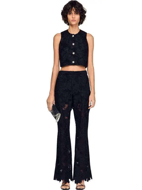 Sandro Embroidered Guipure Crop Top - Black