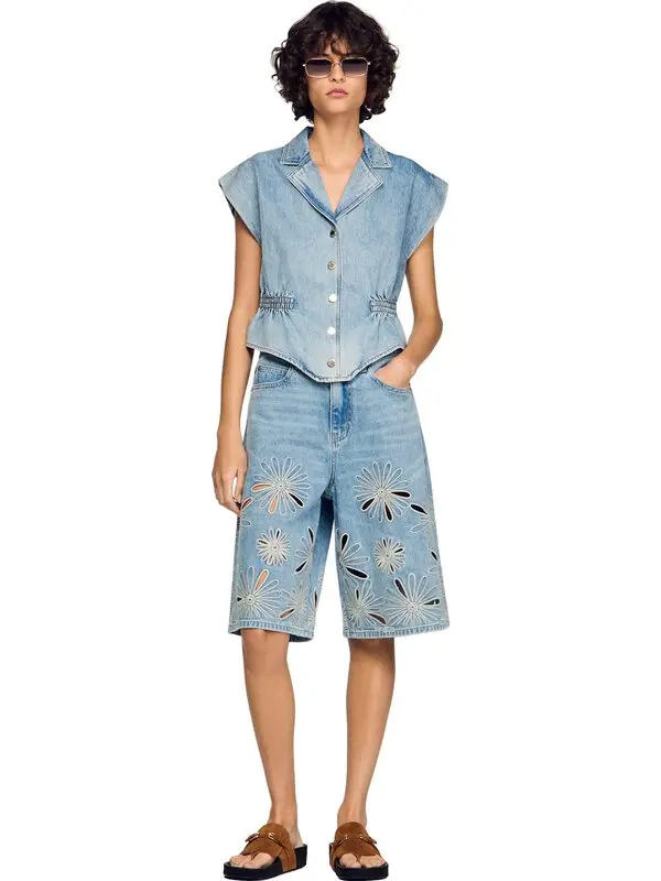 Sandro Fitted Denim Top - Blue Jean