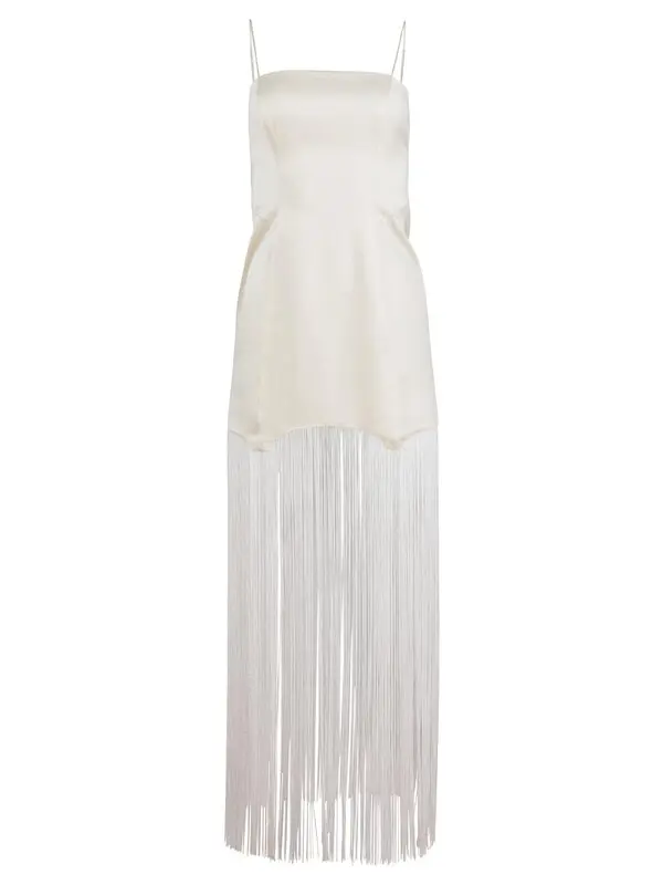 FLEUR DU MAL Fringed Satin Maxi Dress - White