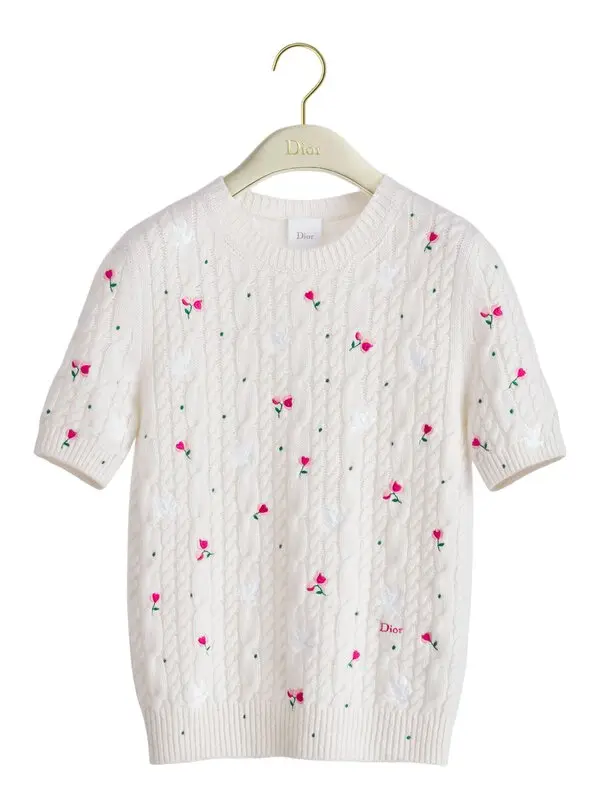 Dior Amour Embroidered Short-sleeved Sweater - Ecru Cashmere Cable-knit With Multicolor Doves & Roses Motif