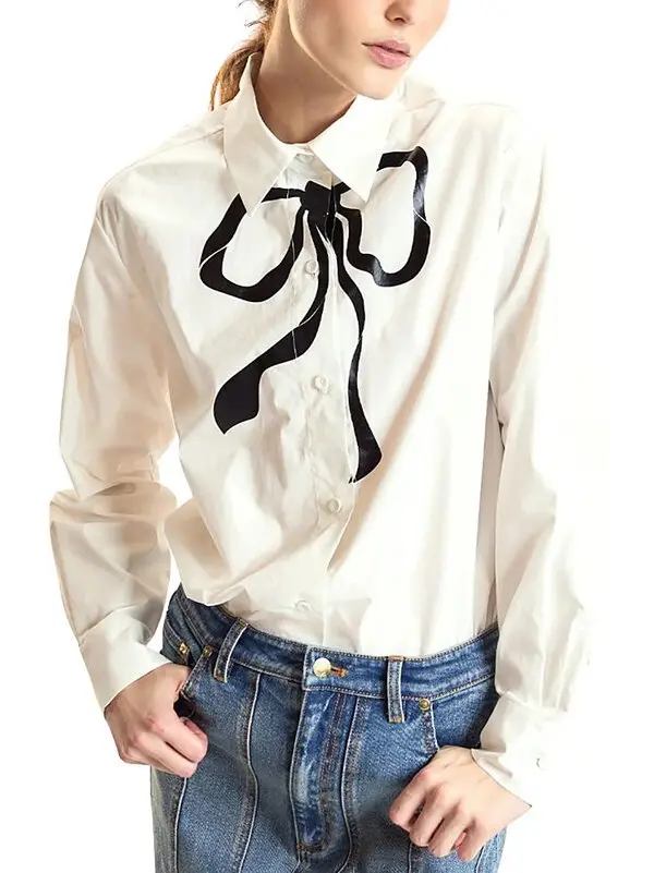 Cynthia Rowley Metallic Bow Cotton Shirt - White