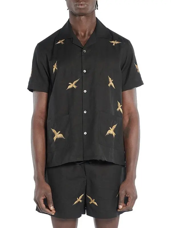 BAZISZT Columbus Embroidered Button Front Camp Shirt - Black