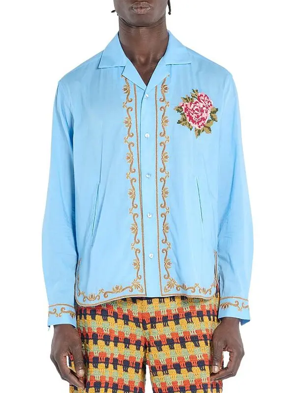 BAZISZT Hamilton Embroidered Button Front Camp Shirt - Blue
