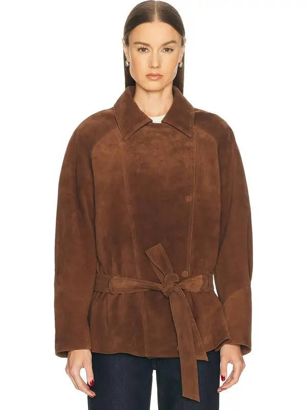AEXAE Leather Suede Belted Jacket - Brown Suede