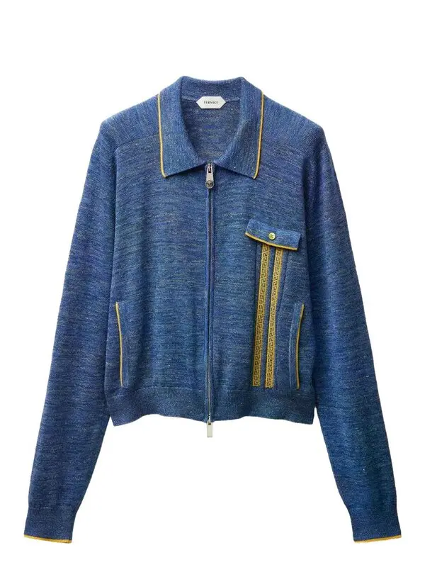 Versace Cotton, Linen And Silk Blend Jacquard Knit Zip Cardigan - Blue