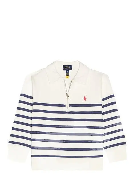 Polo Ralph Lauren Long Sleeve French Terry Striped Half Zip Pullover - Deckwash White & Light Navy