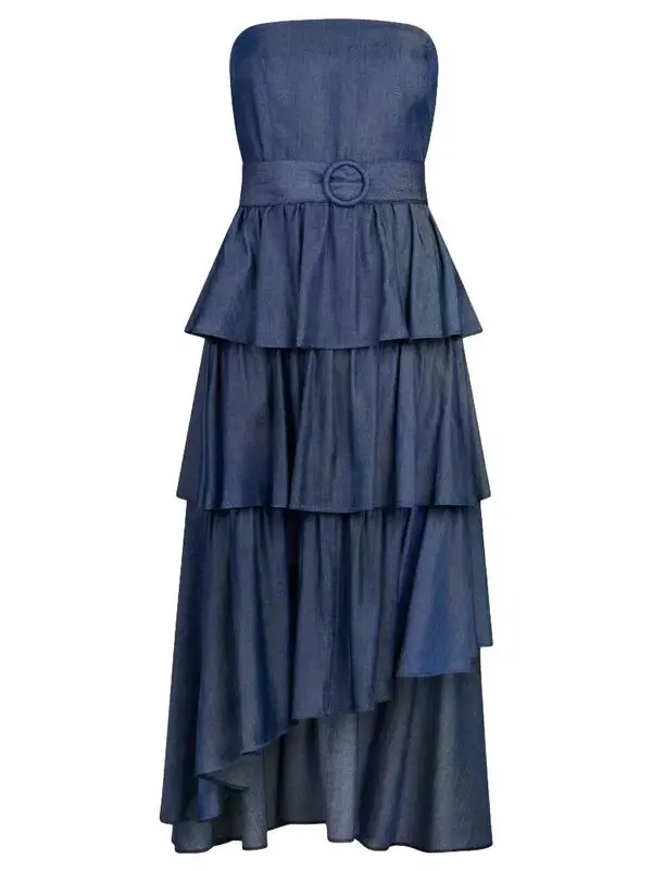 Liu Jo Strapless Asymmetrical Ruffled Midi Dress - Blue