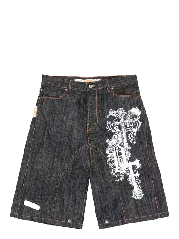 PDF Graphic Print Denim Shorts - Blue