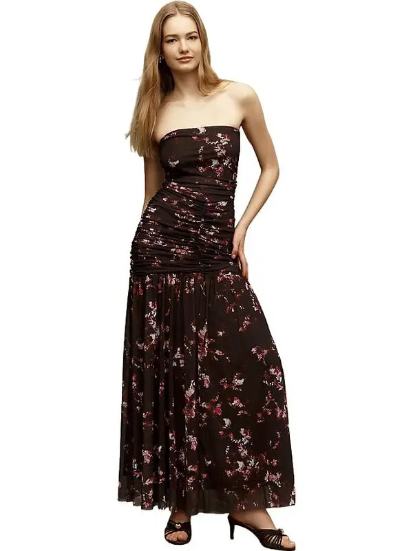 Bhldn Kaia Off-shoulder Stretch Mesh Maxi Dress - Brown Floral