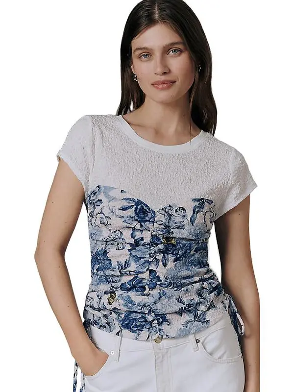 Maeve Ruched Corset Short-sleeve Top - Blue Floral