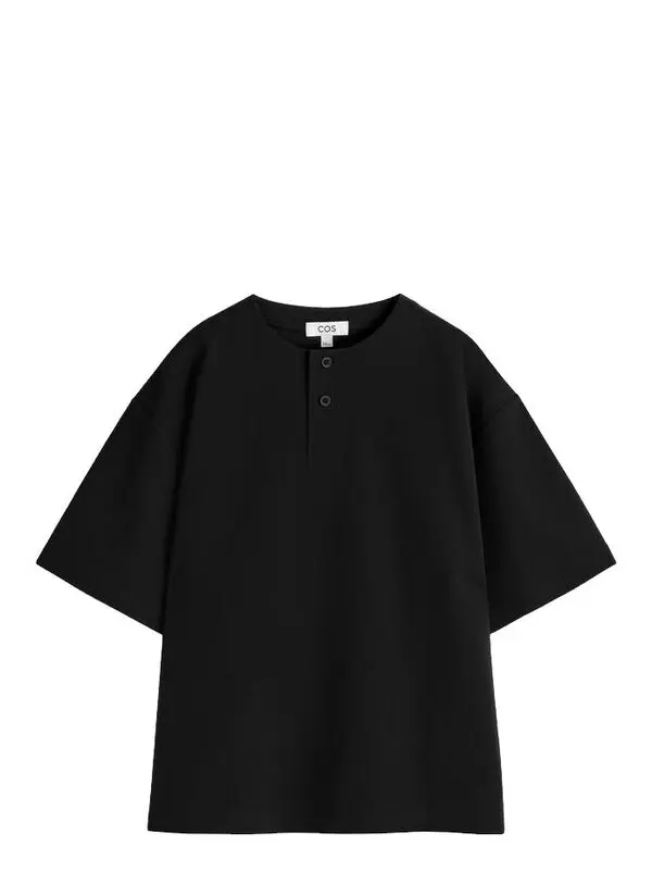 Cos Oversized Cotton-jersey Henley T-shirt - Black