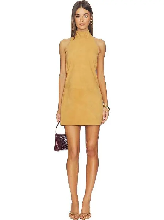 AEXAE Leather Suede Mini Halter Dress - Brown