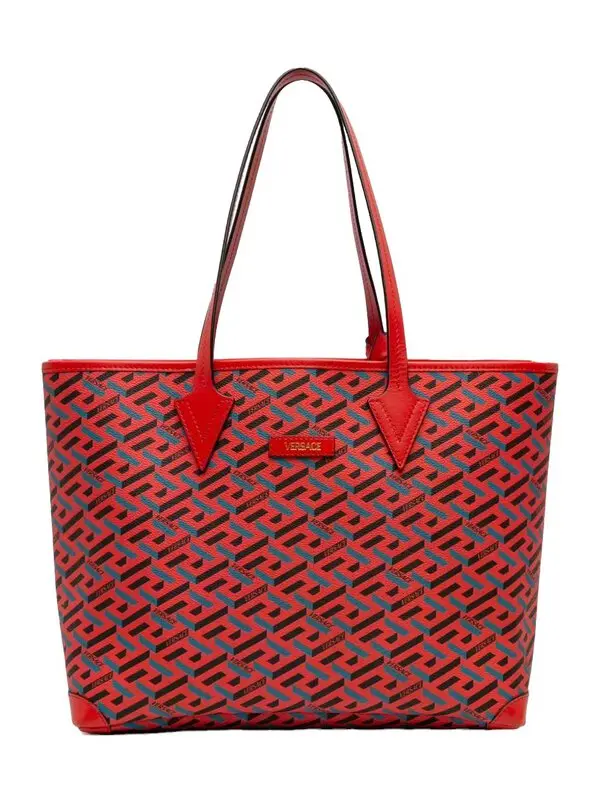 Versace 2021-2025 La Greca Coated Canvas Tote Bag - Red