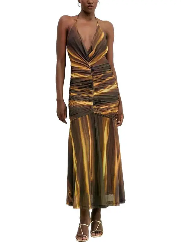 Bardot Ruched Halterneck Dress - Brown