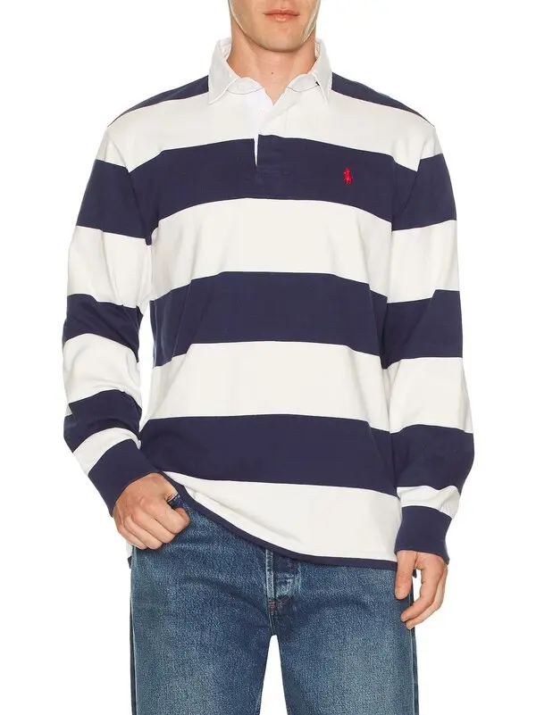 Polo Ralph Lauren Long Sleeve Heavyweight Rugby Shirt In Navy - Dark Cobalt & Deckwash White