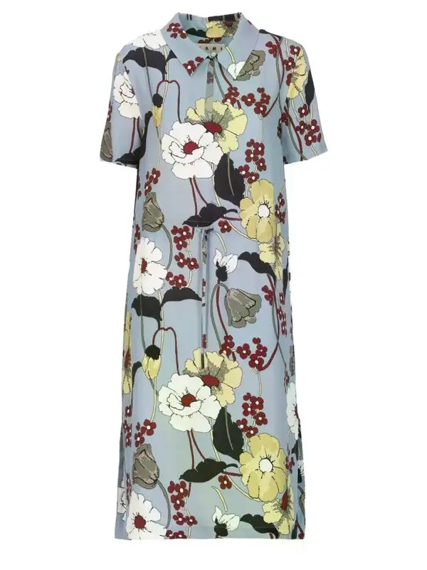 Marni Floral Print Shirt Midi Dress - Blue