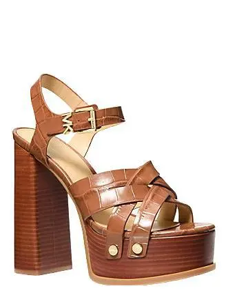 Michael Kors Nora Crocodile Embossed Leather Platform Sandal - Brown