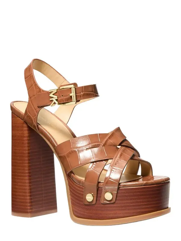 Michael Kors Nora Crocodile Embossed Leather Platform Sandal - Brown