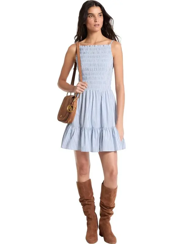Michael Kors Striped Stretch Cotton Blend Smocked Mini Dress - Blue