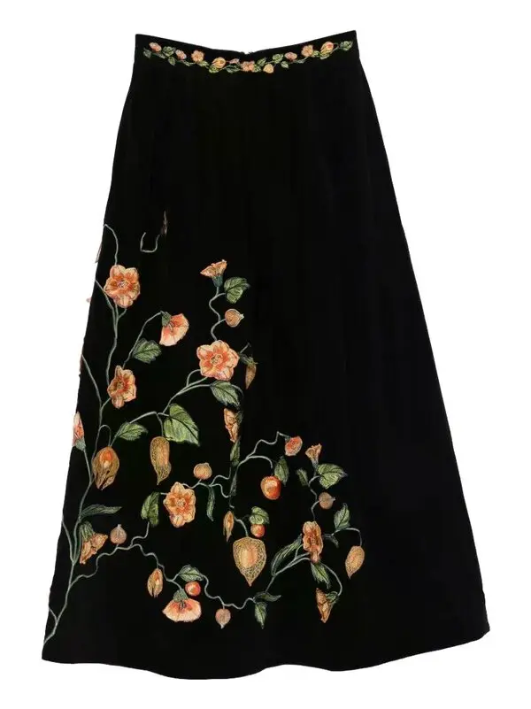 Agua Bendita Uchuva Floral Embroidered Skirt - Black