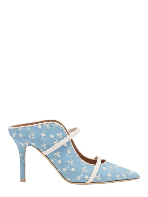 MALONE SOULIERS Maureen 85 Denim Floral Mules - Blue
