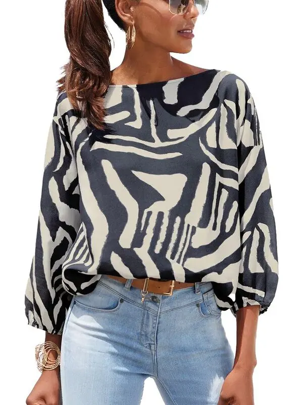 LASCANA Abstract Print Boat Neck Blouse - Ivory Navy