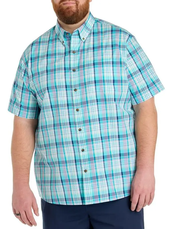 HARBOR BAY BY DXL Big & Tall Easy-care Medium Plaid Sport Shirt V6 - Blue Multi