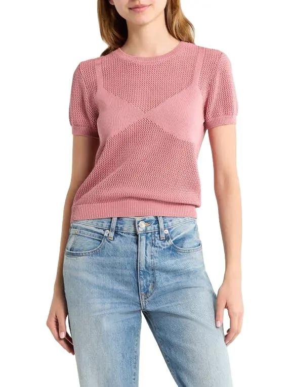 Steve Madden Blakelee Open Stitch Short Sleeve Sweater - French Rose